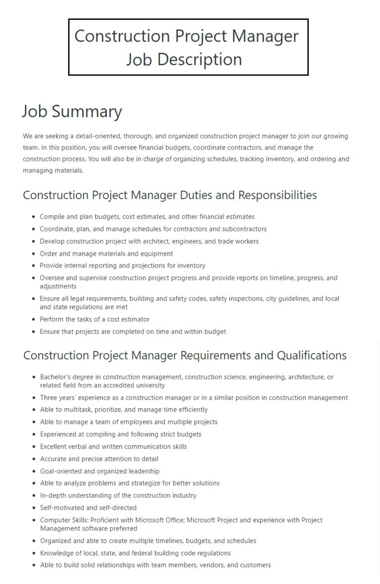 Construction-Project-Manager-Job-Description-Template | Free Word ...
